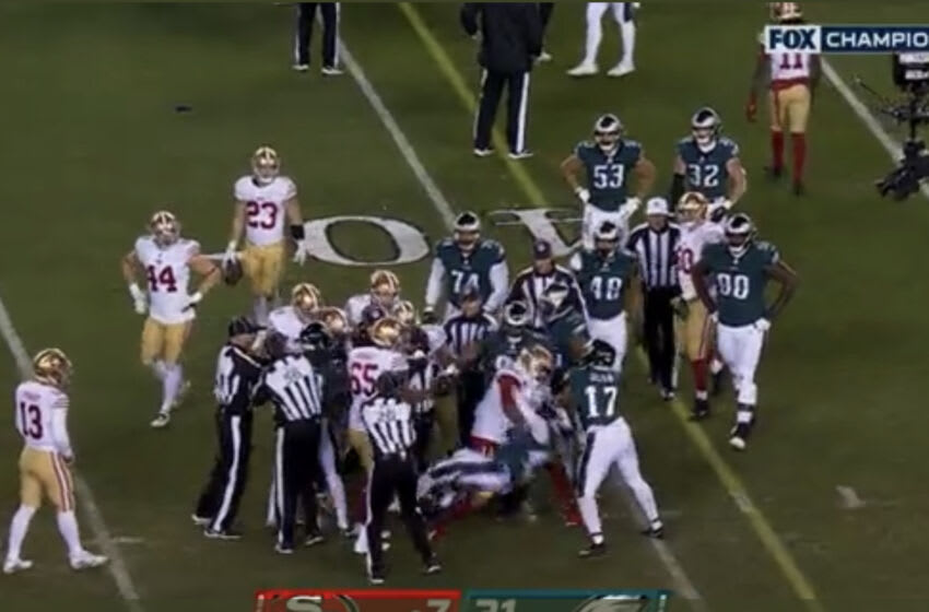 Watch Trent Williams start brawl in Eagles-49ers game after cheap shot ...